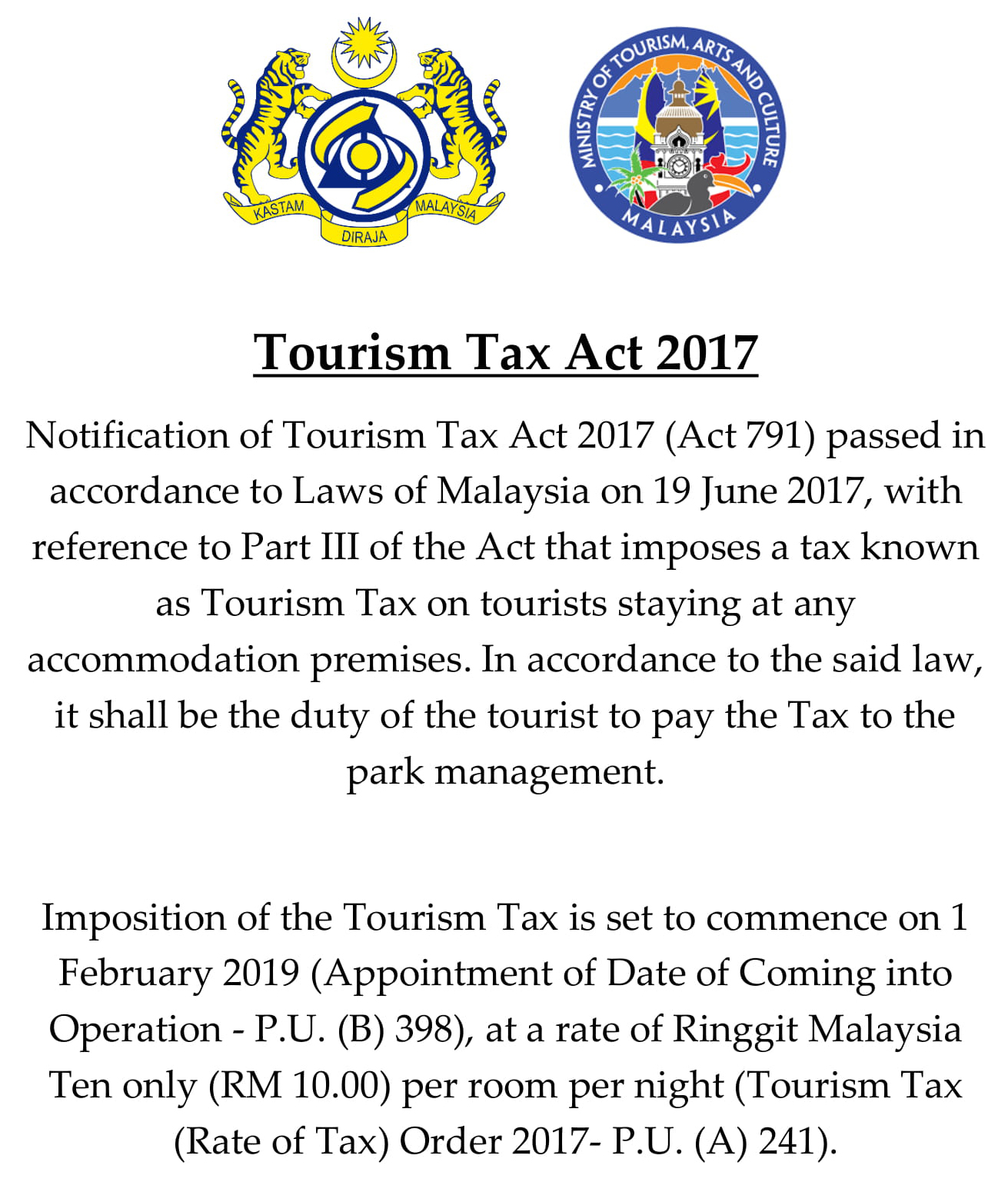 Announcement Implementation of Tourism Tax 2017 at Sarawak National ...